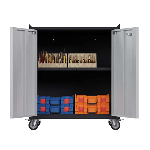 Metal Storage Cabinet with Wheels, Mobile Garage Cabinet with Locking Doors and One Adjustable Shelf, Lockable Storage Cabinet for Utility Room, Home, Office