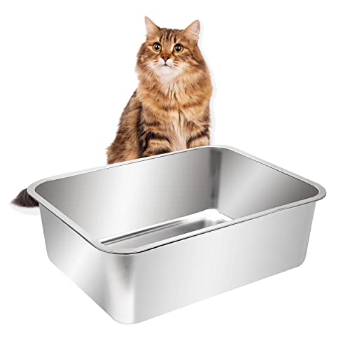 Kichwit Extra Large Stainless Steel Open Cat Litter Box with High Sides, Metal Litter Pan for Cat, 23.6 x 15.7 x 5.9 inches