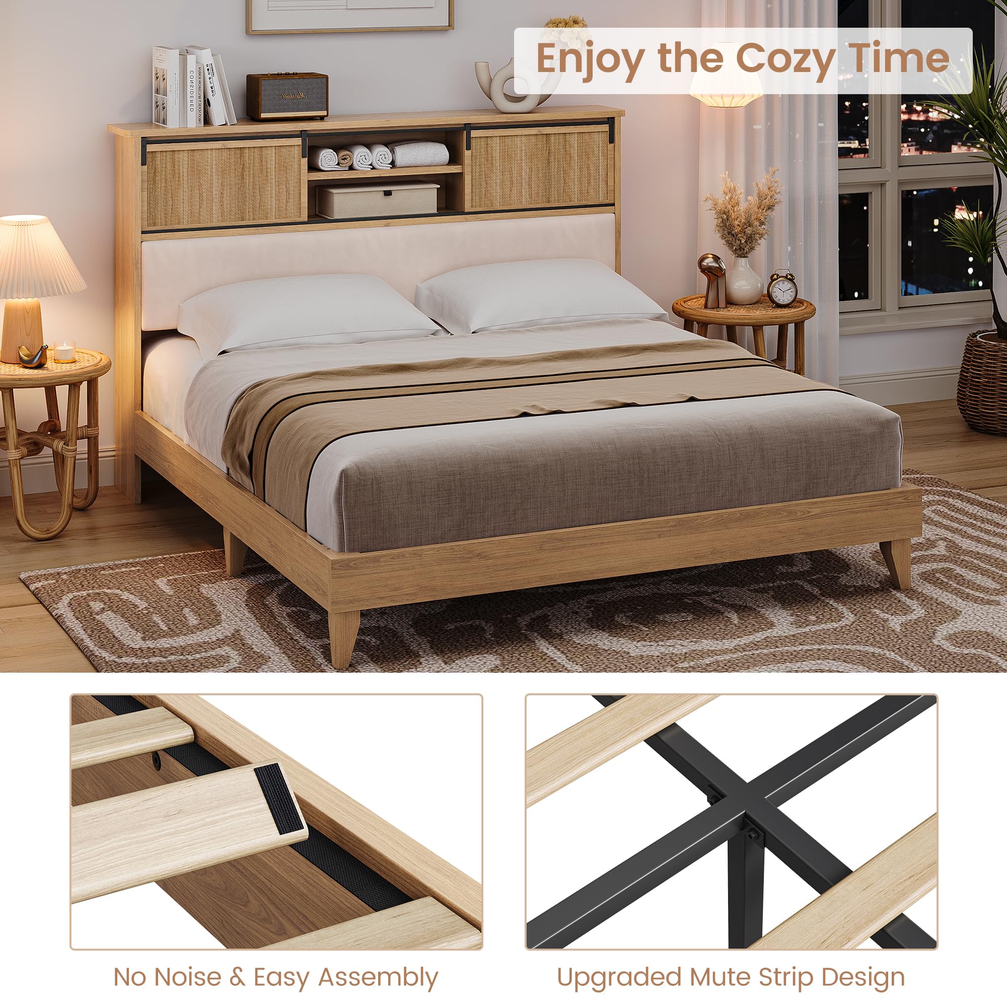 GAOMON Rattan King Bed Frame with Headboard & Storage Shelves, Boho Rattan Bed Frame King Size, Solid Wooden Bed Foundation with Sliding Door Shelf, Noise-Free, No Box Spring Needed & Easy Assemble