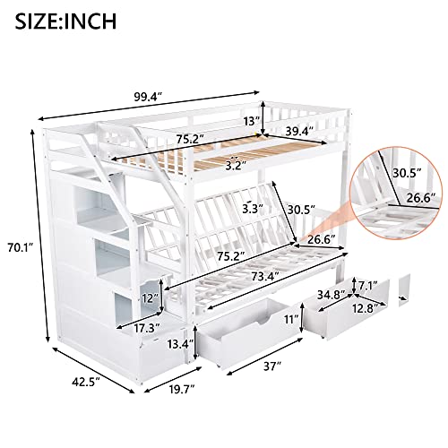 Twin Over Full Futon Bunk Beds with Stairs and Storage Drawers Convertible Wood Bunk Bed Frame Couch and Bed for Kids Boys Girl Adults Teens Dorm, White