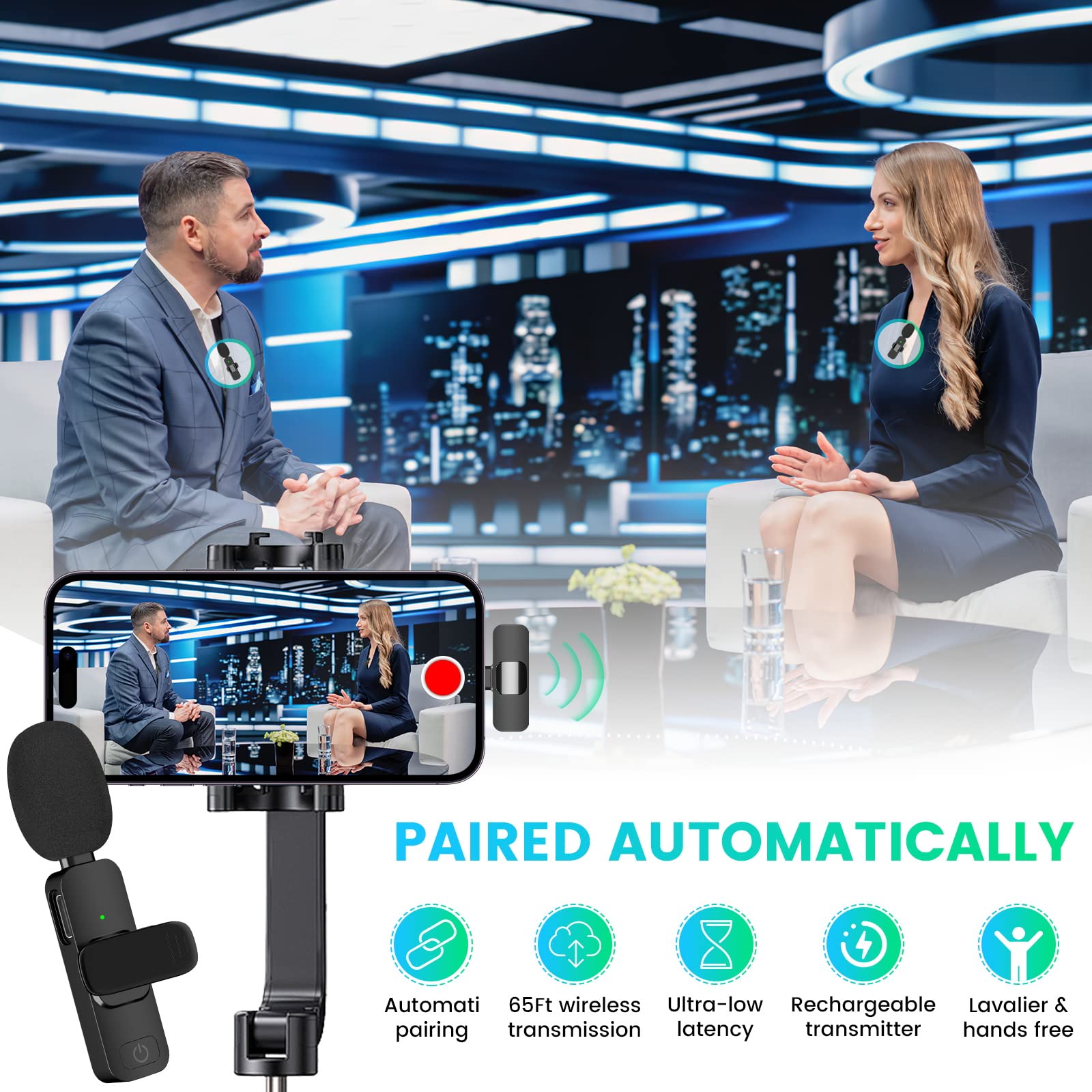 EJCC Wireless Microphone for iPhone iPad, Mini Microphone with Clearer Audio, Plug-Play Wireless Microphones, Wireless Lavalier Microphone, Microphone for Video Recording, TikTok, Interview,YouTube