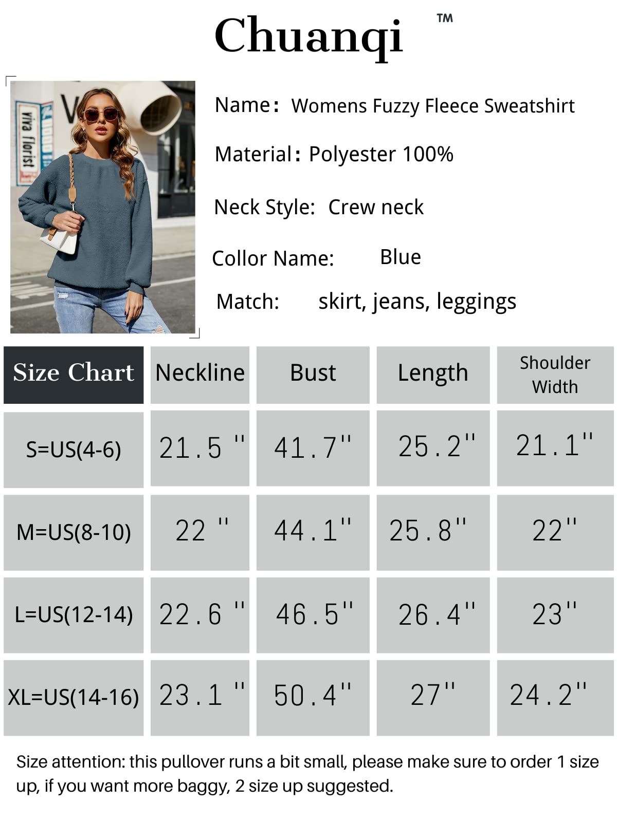 Chuanqi Womens Crewneck Fuzzy Sweatshirt Fleece Sherpa Pullover Long Sleeve Casual Fluffy Winter Warm Coat Tops Blue