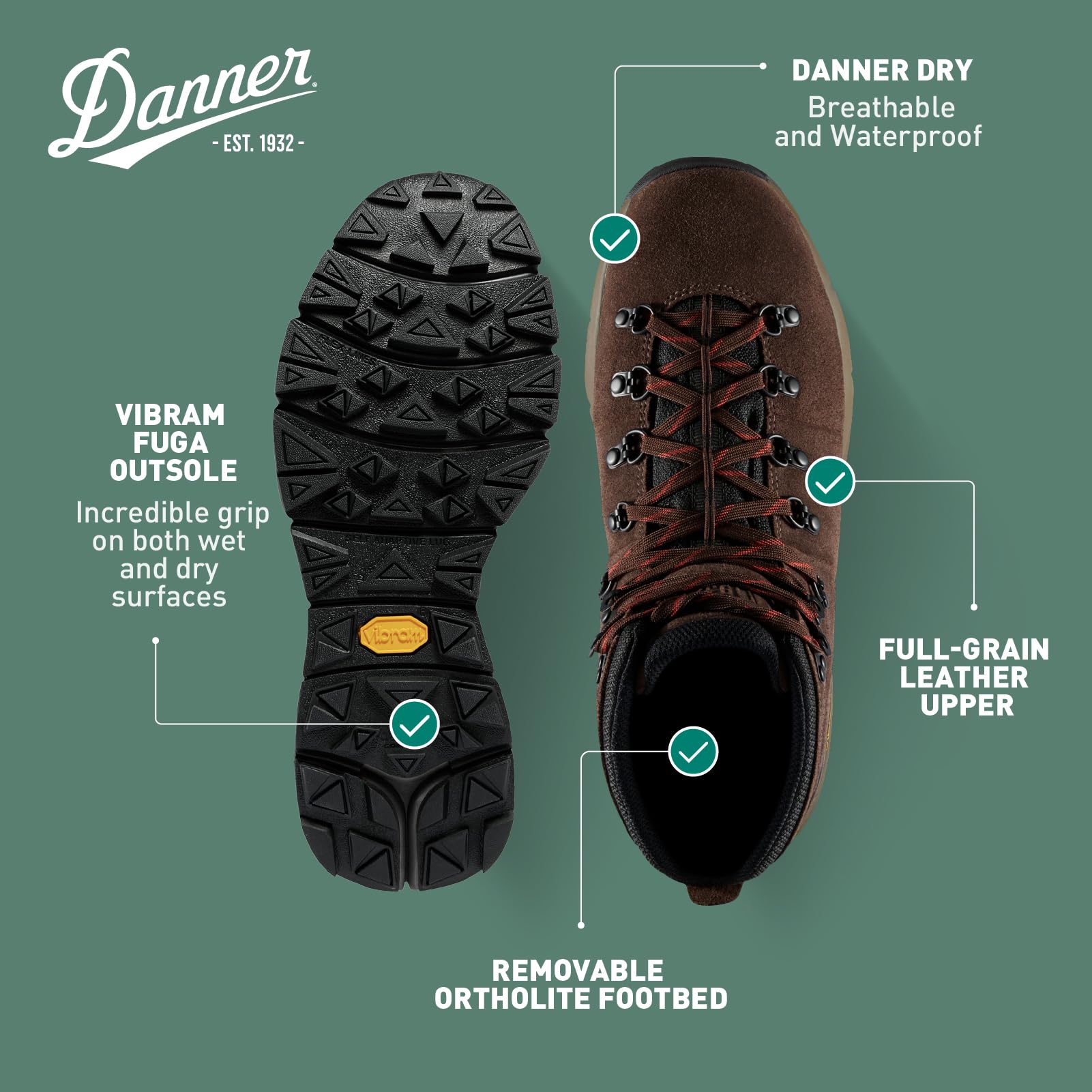 Danner Mountain 600 Hiking Boots for Women - Waterproof, Durable Suede Upper, Breathable Lining, Triple-Density Footbed & Vibram Traction Outsole, Java/Bossa Nova - 8 M
