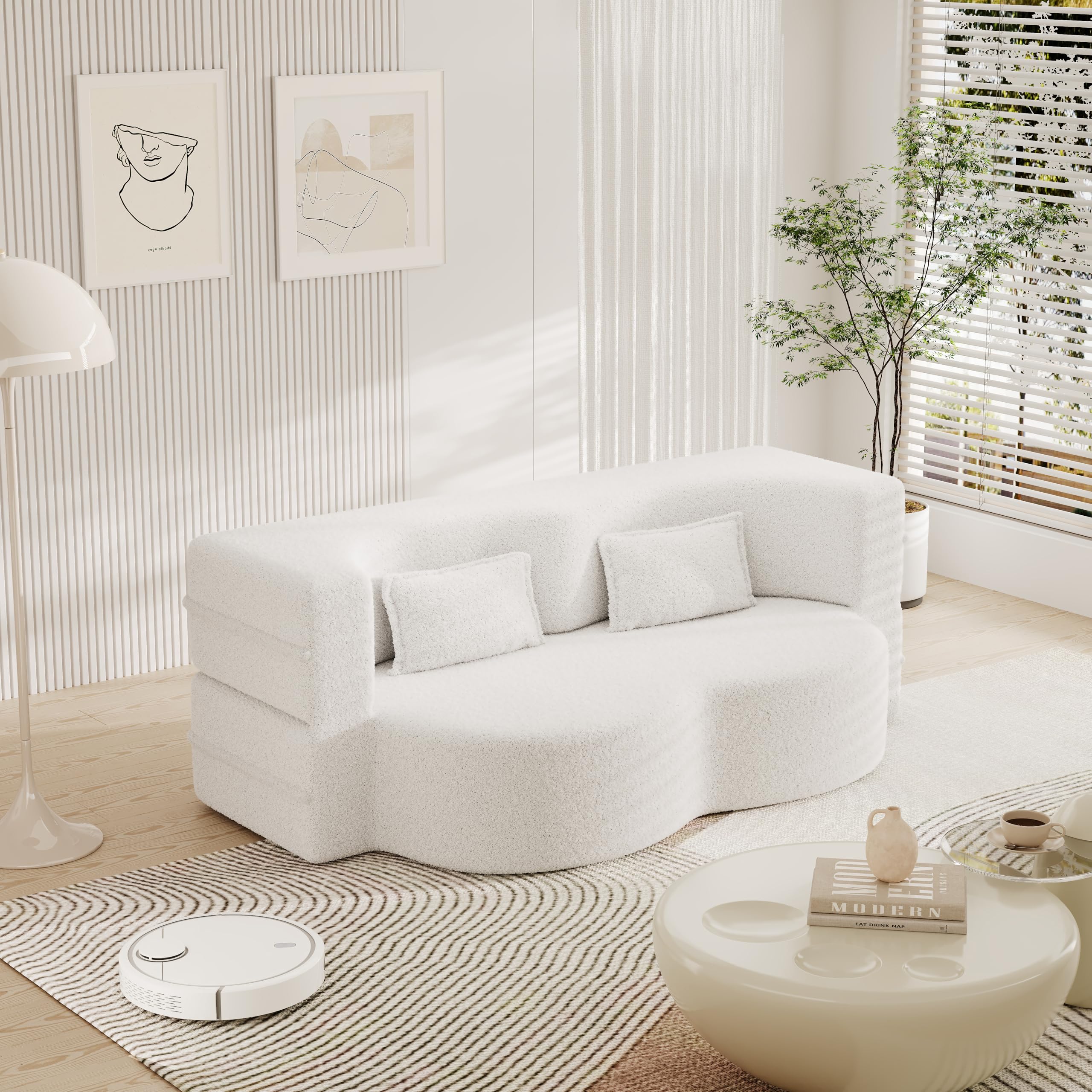 FocusOnHome Modern Floor Sofa with 2 Pillows,Convertible Teddy Fabric Foam-Filled Sleeper Sofa Bed,15" Full Size Folding Mattress for Living Room, Guest Bed, Playroom,No Assembly Required,Beige