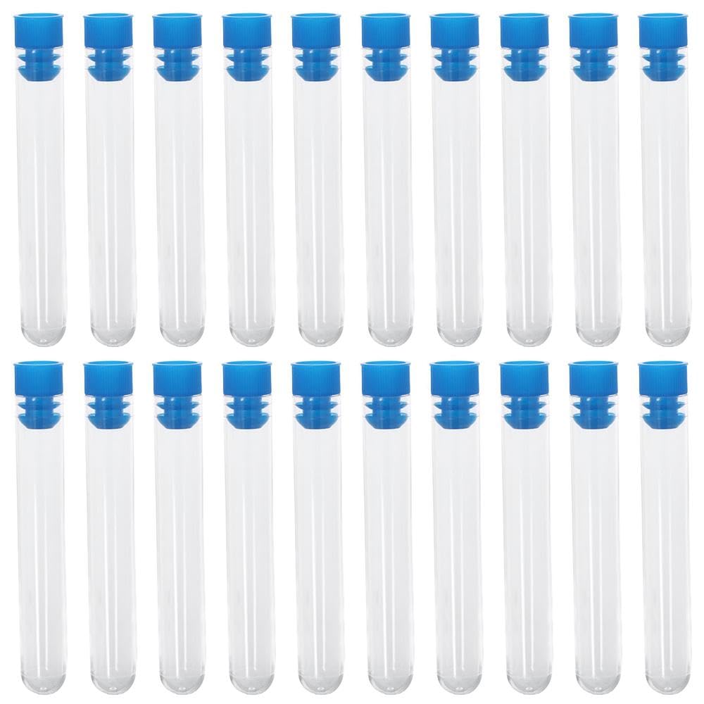 HOBBYIN 20Pcs Clear Plastic Test Tubes with Blue Caps,16×100mm Clear Tube for Scientific Experiments, Halloween, Christmas