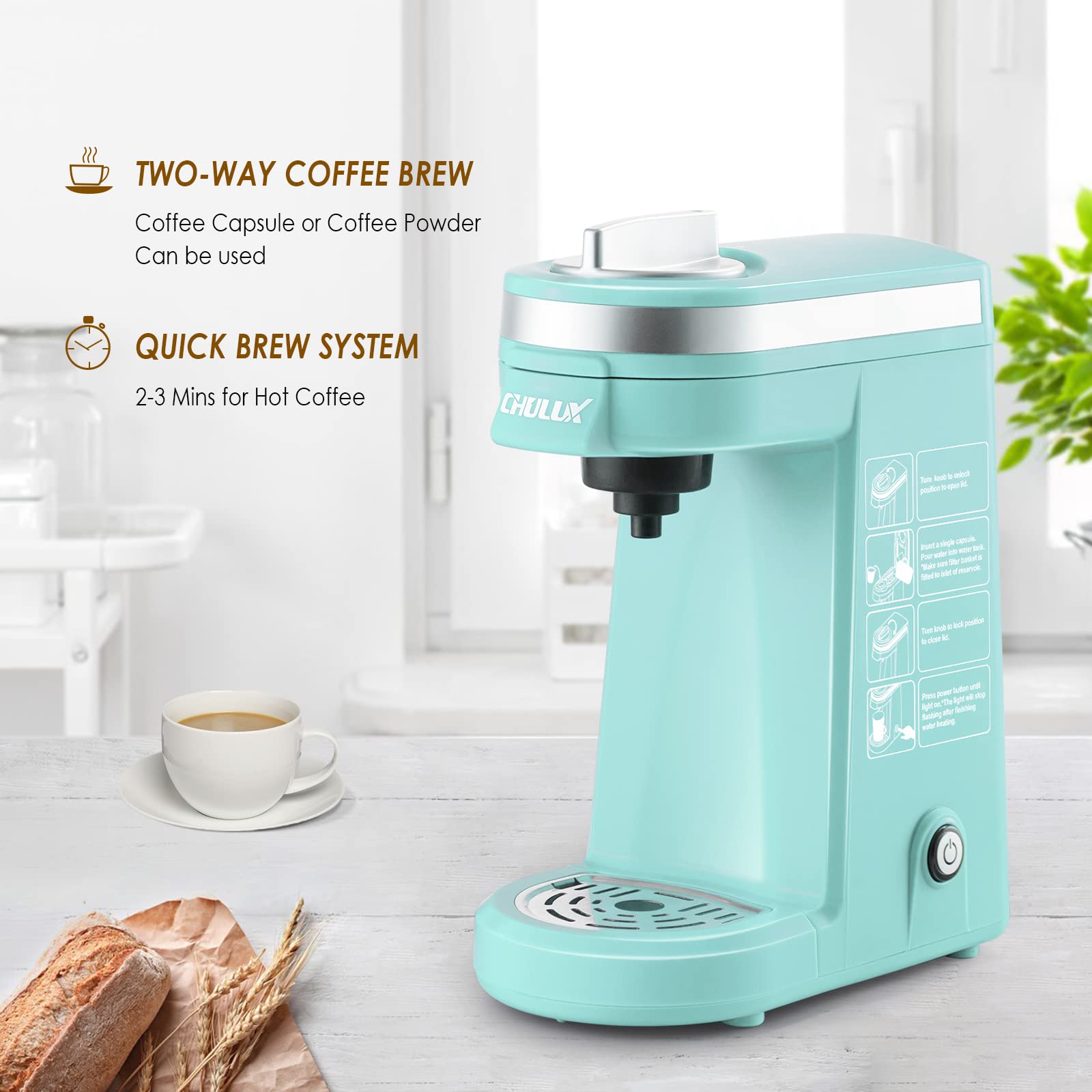 CHULUX Single Cup Coffee Maker with Milk Frother,One Button Operation Compact Coffee Machine with Auto Shut-Off for Capsule or Ground Coffee,Cyan