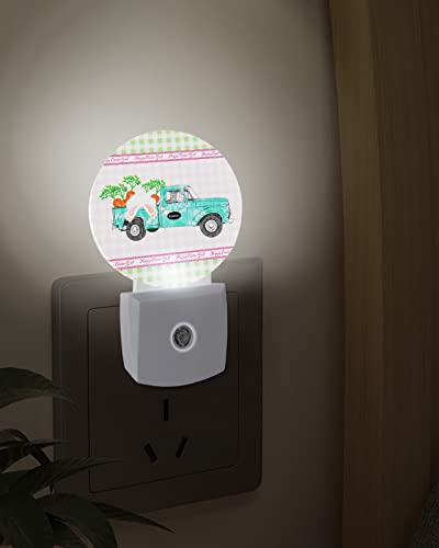 Happy Easter Truck Bunny Night Lights Plug into Wall, Pink Green Buffalo Blue Auto Round LED Lights with Dusk to Dawn Sensor for Bedroom, Bathroom, Hallway, Kitchen, Kids, Home Decor