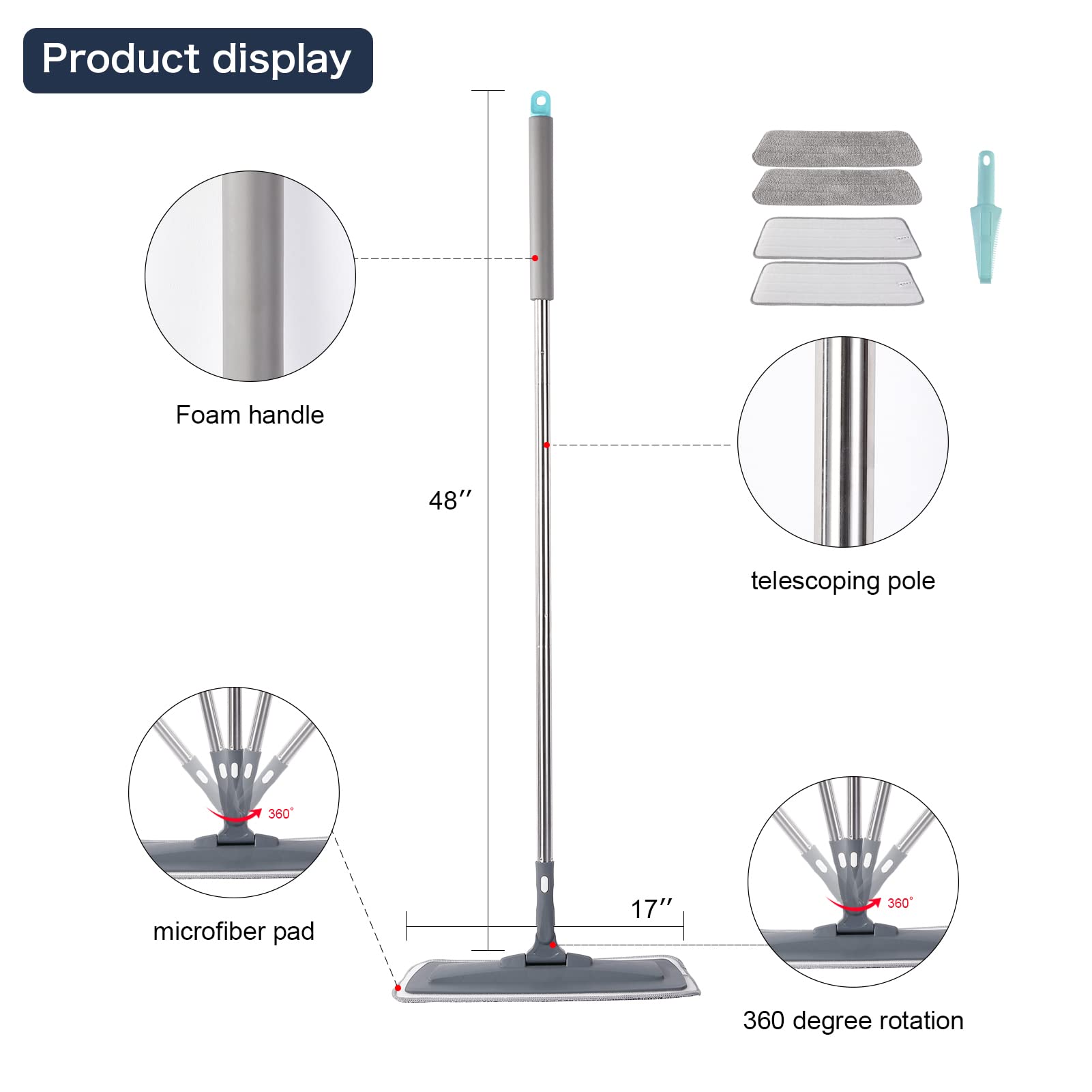DYTesa Microfiber Floor Dust Mop for Hardwood Cleaning, 360 Degree Rotating Wet Dry Floor Mop with 4 Washable Pads and 1 Scrubber