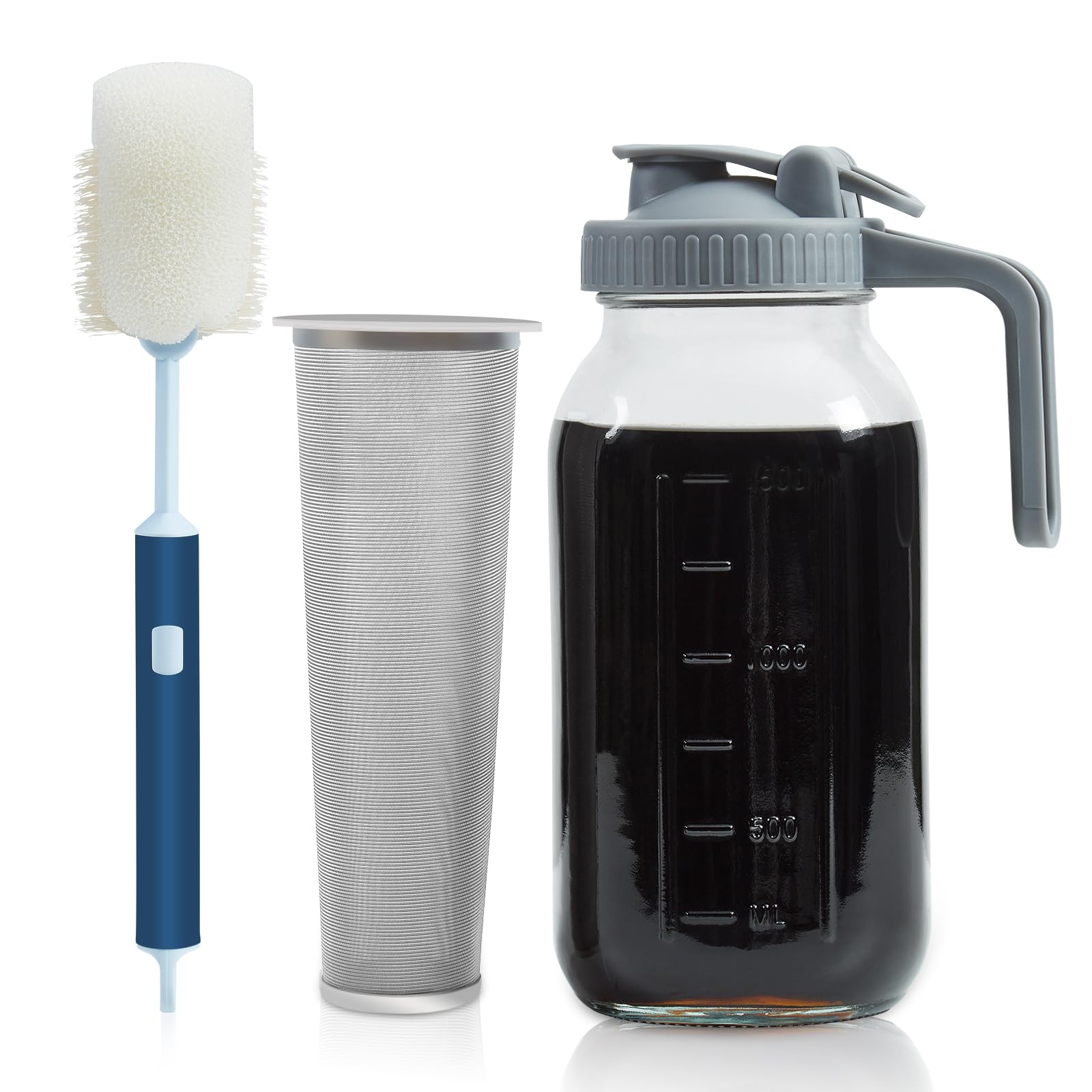 Cold Brew Coffee Maker Mason Jar 64oz, Durable Thick Glass Cold Brew Pitcher Flip Cap Spout Lid w/Handle, Heavy Duty Stainless Steel Filter, Lemonade, Ice Tea Pitcher, Homemade Fruit Drinks Container