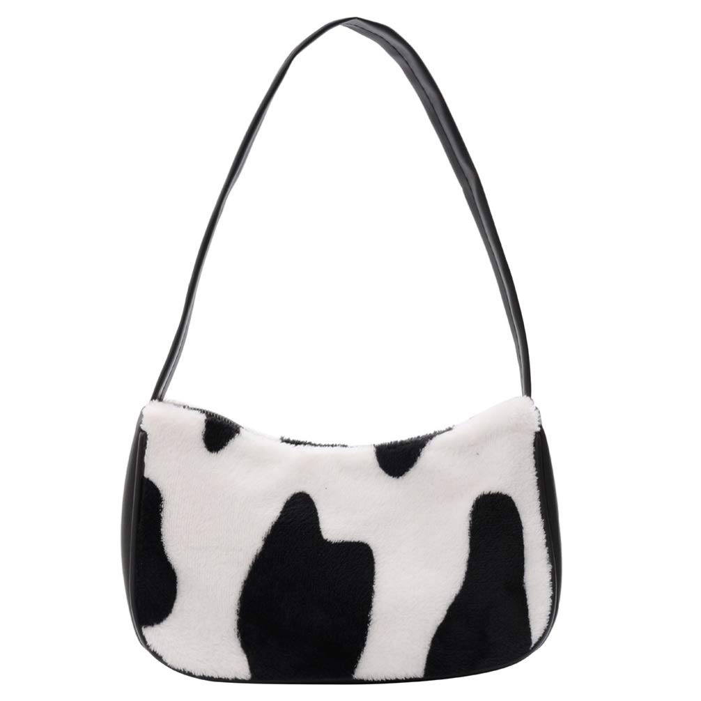 VALICLUD Shoulder Bag for Women Mini Furry Handbag Underarm Purse Cow Print Clutch Bag Faux Fur Purse