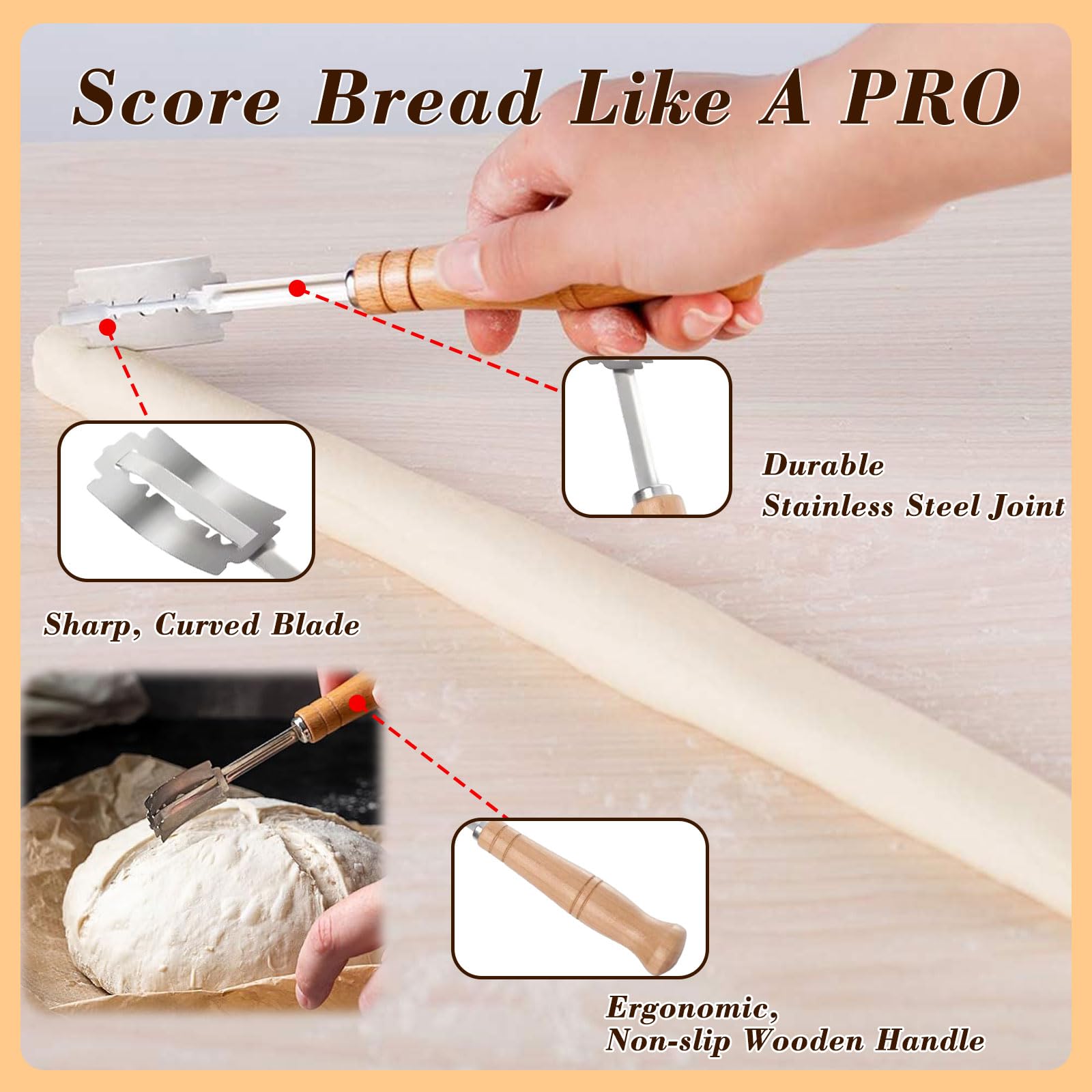 Flechazo Bread Knife for Homemade Bread - with Sourdough Lame Bread Scoring Tool and Replacement Stainless Steel Saw, Premium Serrated Blade for Effortless Slicing Bread, Sourdough and More