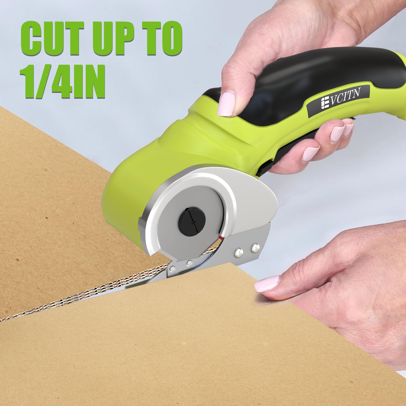 Evcitn Cordless Electric Scissors, Cardboard Cutter with Replacement Self-Sharpening Cutter Blade and Safety Lock, Rotary Cutter [Southpaws Friendly] for Fabric, Carpet, Leather or Plastic, Green