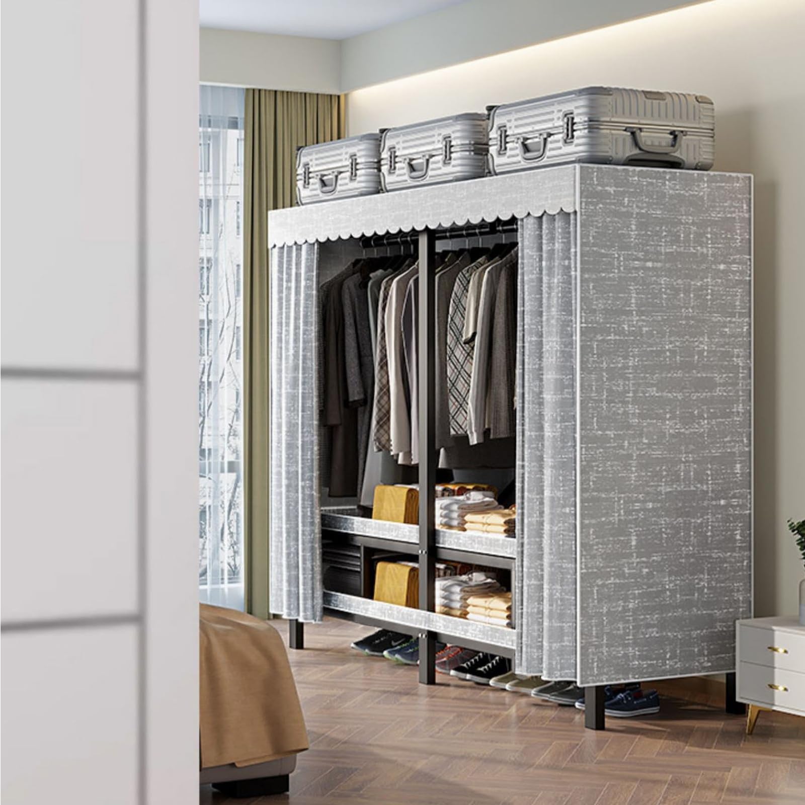 Foldable Clothe Rack with Wheel W/cover Load 2000lbs Heavy-duty Portable Wardrobe for Bedroom Armoires Freestanding Clothing Coat Storage Rack rolling Garment Rack for Hanging Clothes (150CM/59IN)