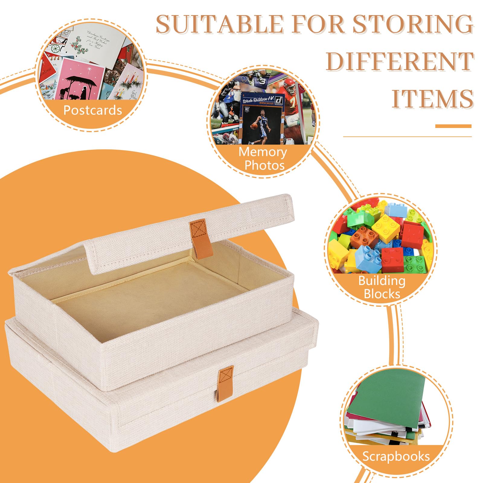Flenpptly Photo Storage Box with Lids Decorative Storage Boxes Memory Box with Business Card Frame, Set of 2 Linen Storage Box Suitable for Pictures, Envelope, Scrapbook Supplies (Large+Small)