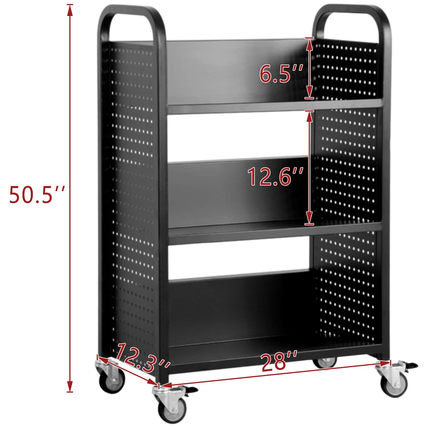 HHAA HA Library Rolling Book Cart with 3 Flat Shelves,Book Truck with Swivel Lockable Casters for Home,Office and School (Black)