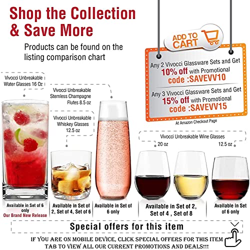 Vivocci Unbreakable Elegant Plastic Stemless Wine Glasses 20 oz | 100% Tritan Heavy Base | Shatterproof Glassware | Ideal For Cocktails & Scotch | Perfect For Homes & Bars | Dishwasher-Proof, Set of 4