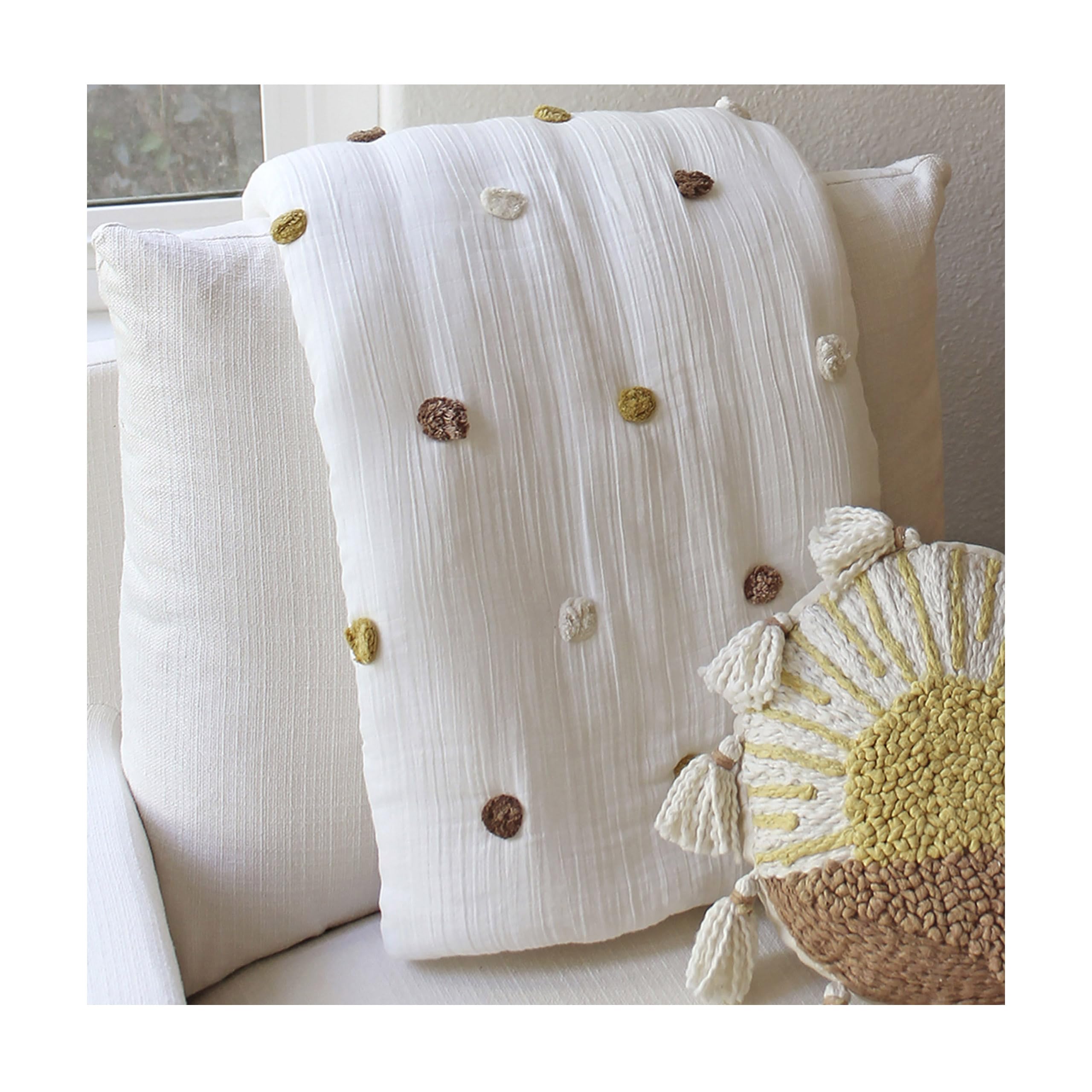 Crane Baby Blanket, Soft Cotton Pom Pom Nursery and Toddler Blanket for Boys and Girls, Cream, 36” x 36”