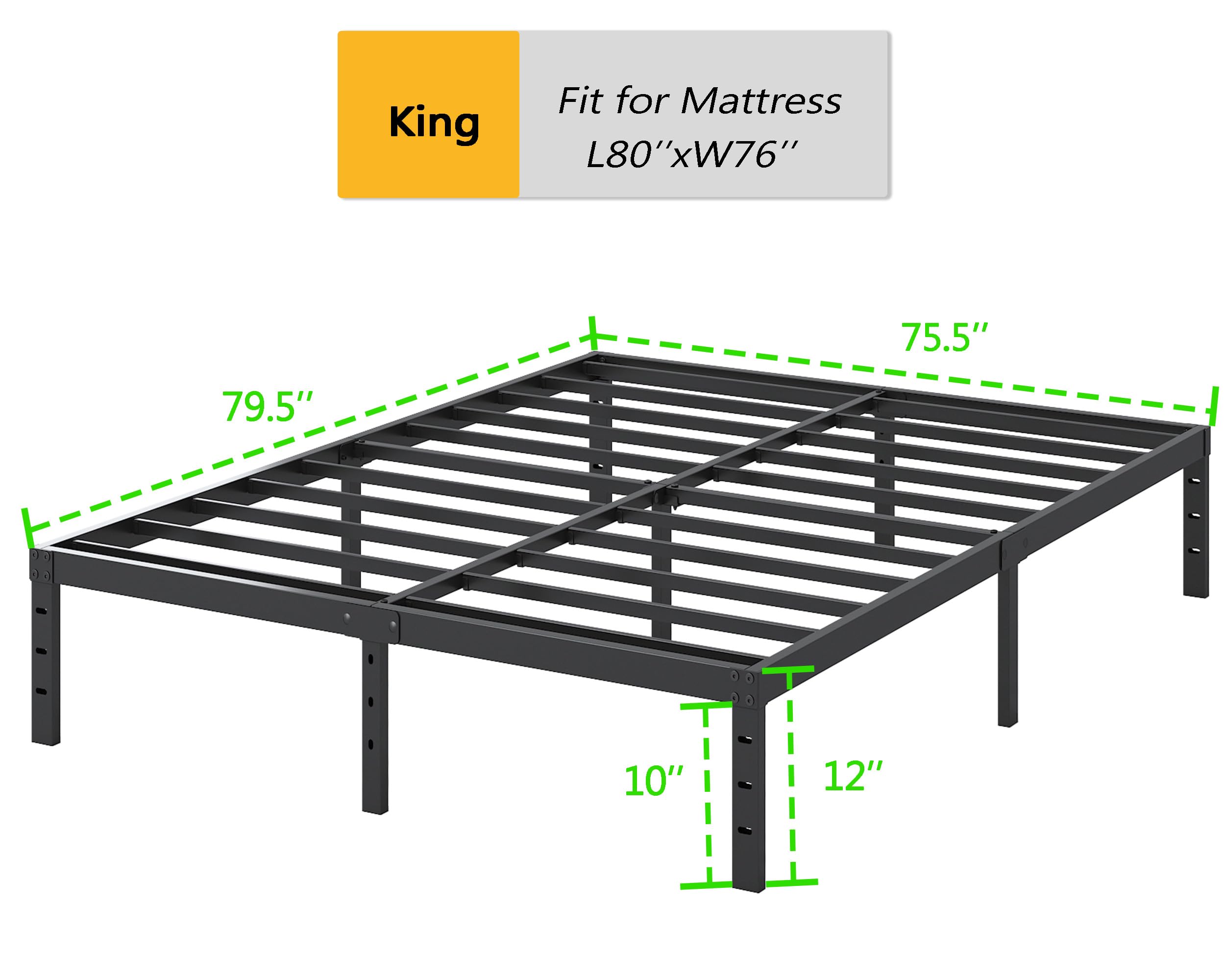 Cieemine 12 Inch King Size Metal Bed Frame, Heavy Duty Steel Slat Mattress Foundation, No Box Spring Needed, Easy Assembly, Noise-Free, Black