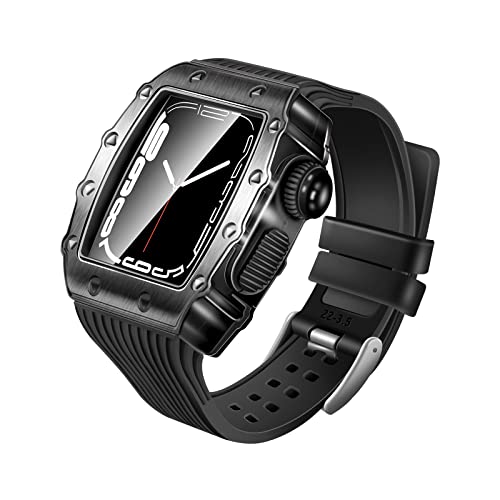 Metal Case for Apple Watch 7 45mm Band with Cover, Heavy Duty Rugged Case Glass Screen Protector Silicon Strap for iWatch Series 7 45mm Accessories Men's Full Protective Cover (Black)