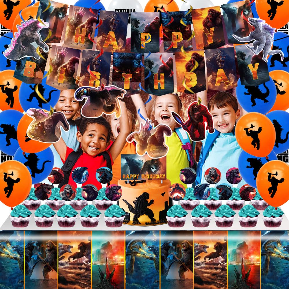 Happy Birthday Party Supplies Monster Theme Birthday Decorations with Banners, Balloons, Cake topper, Backdrop, Tablecover, Hanging swirls