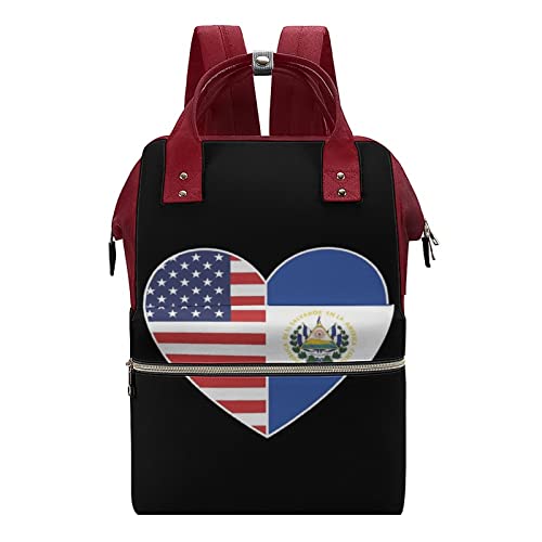 El Salvador and America Flag Heart Diaper Bag Backpack Large Capacity Mommy Bags Multifunction Nappy Bag Travel Back Pack Red-Style