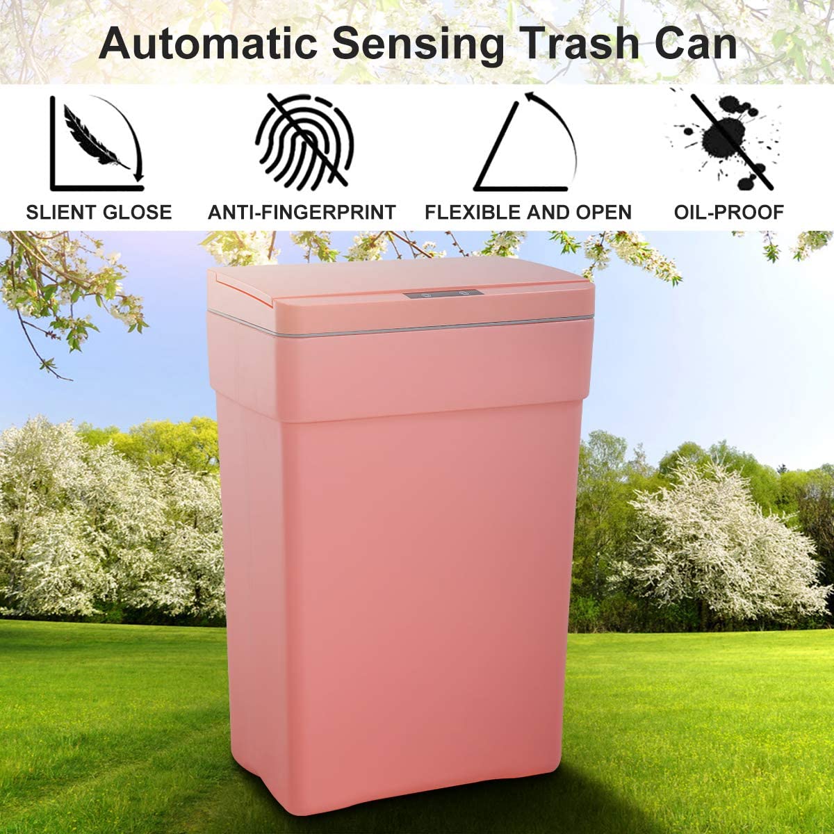 Touchless Kitchen Trash Can 13 Gallon Trash Can Bathroom Garbage Can PP Material Hard Plastic Trash Can with Automatic Lid Waterproof Trash Can for Bathroom, Powder Room, Office (Pink)