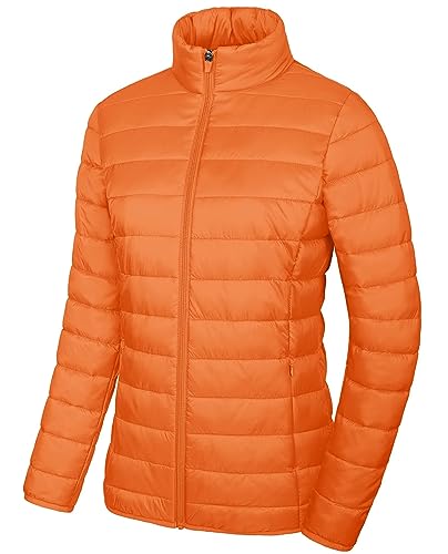 MAGCOMSEN Puffer Coat Women Winter Ultra-light Quilted Padded Jacket with 4 Pockets Full Zip Stand Collar Warm Coat, Orange M