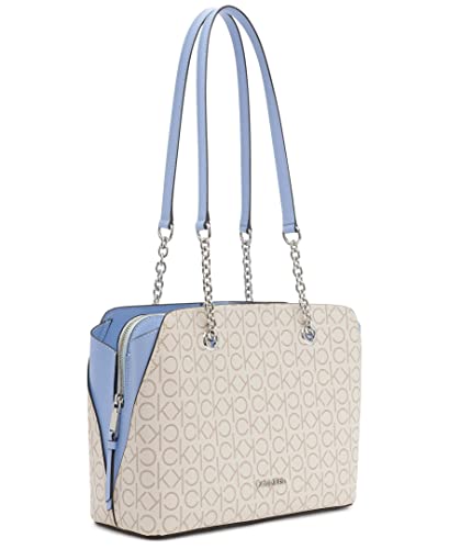 Calvin Klein Hailey Signature Triple Compartment Chain Satchel, Vanilla/Khaki/Serenity Blue