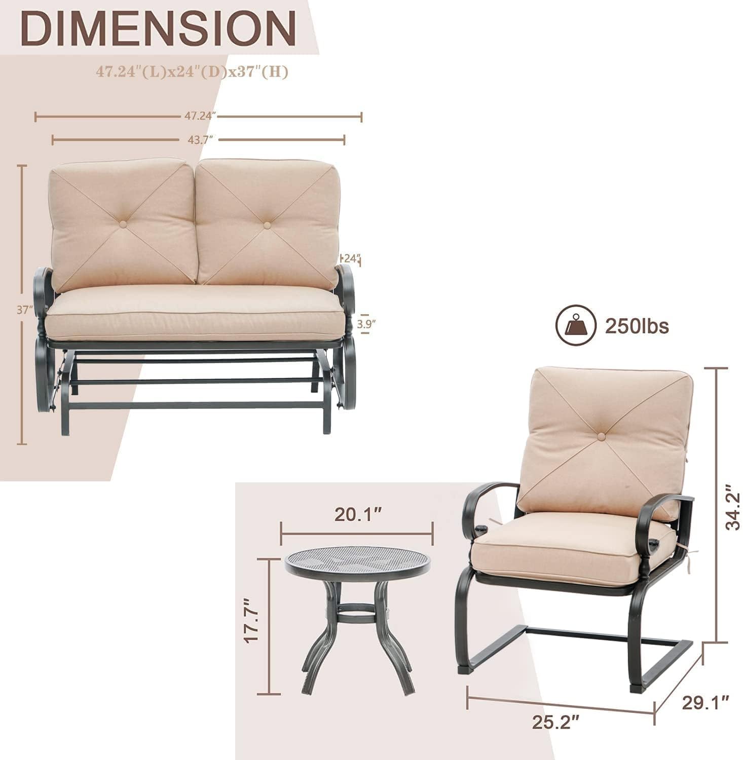 Oakmont 4 Pieces Metal Outdoor Furniture Patio Conversation Set, Glider Chairs Set with Round Side Table, Spring Lounge Chair Sets Metal Frame Wrought Iron Look (Brown)