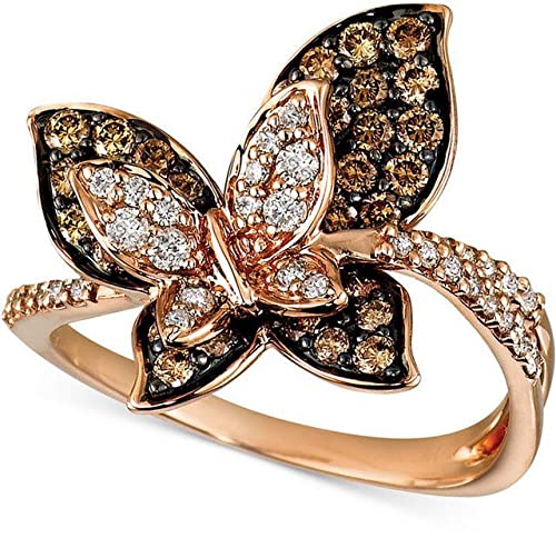 Chocolate and White Diamond Butterfly Ring, Attractive Ring, 14K Rose Gold Finish and Simulated Diamond Ring.