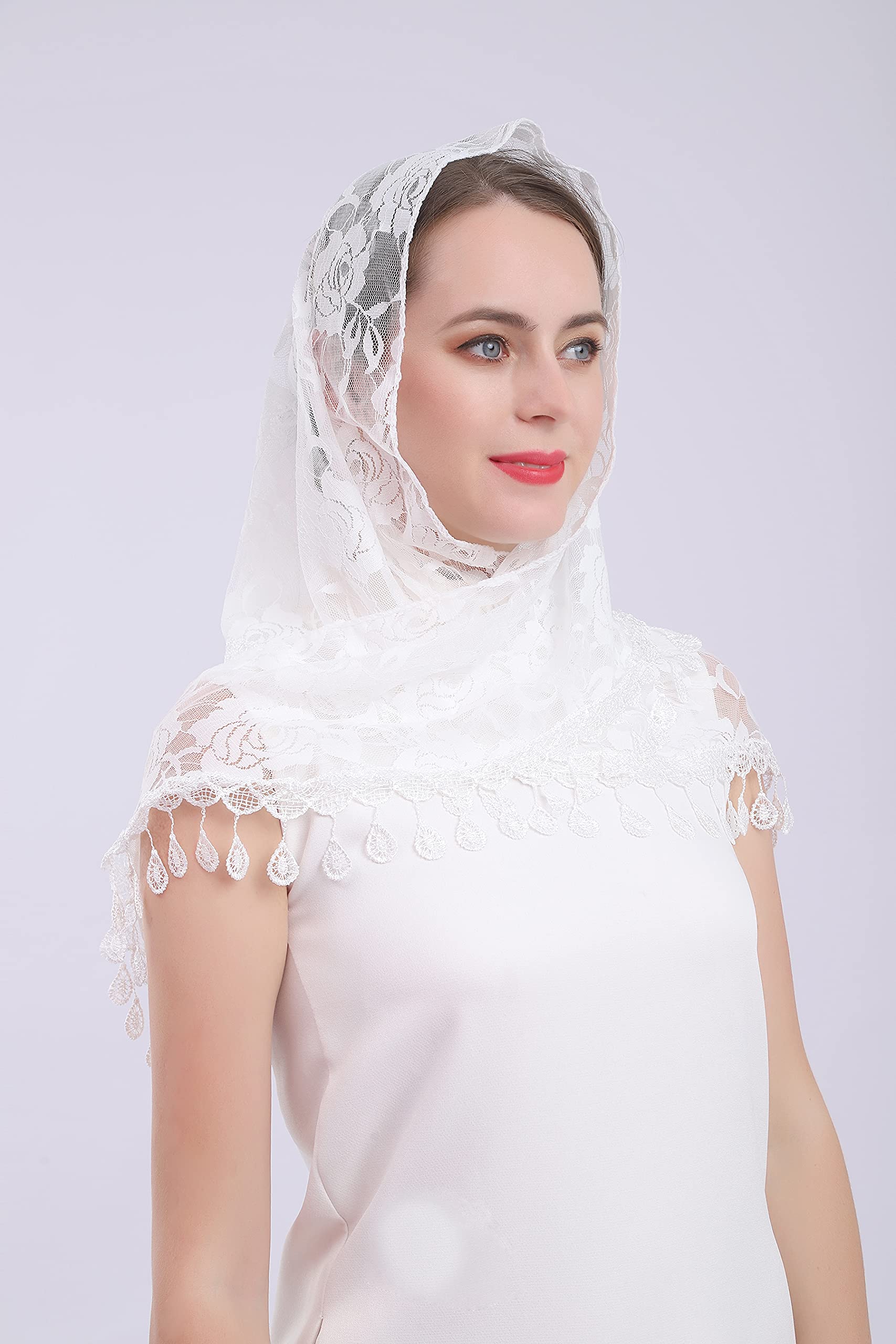 Cilkus Lace veil Mantilla veil Shawl or Scarf Latin Mass Head Cover with Fringed lace (White)
