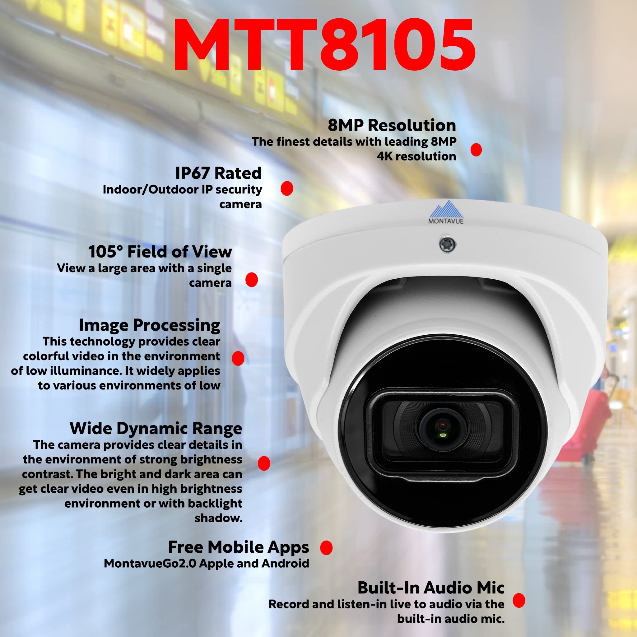 Montavue UltraHD Security Camera System, 8pcs 4K 8MP IP PoE Turret Cameras, 16ch POE NVR, IP67 Weatherproof, 100ft IR Night Vision, Built-in Mic, IVS, Motion Detection, 3TB Pre-Installed Hard Drive