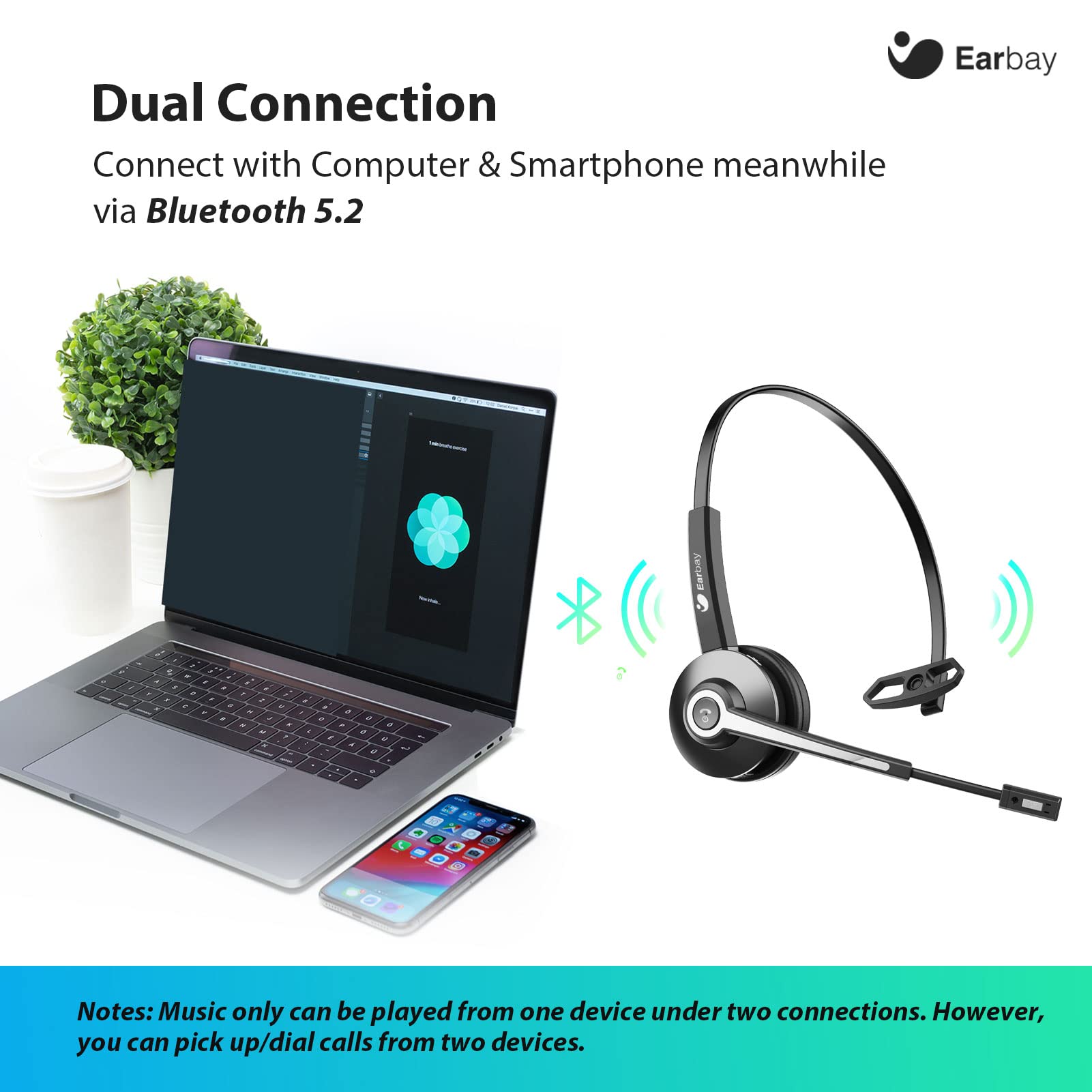 Earbay Wireless Headset, Bluetooth Headset with Microphone Noise Cancelling & Mute, Wireless Headphones with 28h Talk Time for Work,White Computer Headset for Office Skype Zoom Call Center