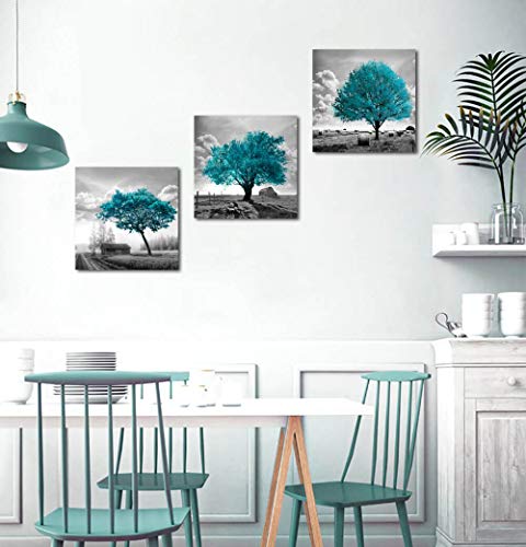 Canvas Wall Art for Bedroom Black and White Farmhouse Rustic Country Landscape Teal Trees Picture Wall Decor Modern Framed Artwork 3 Pieces