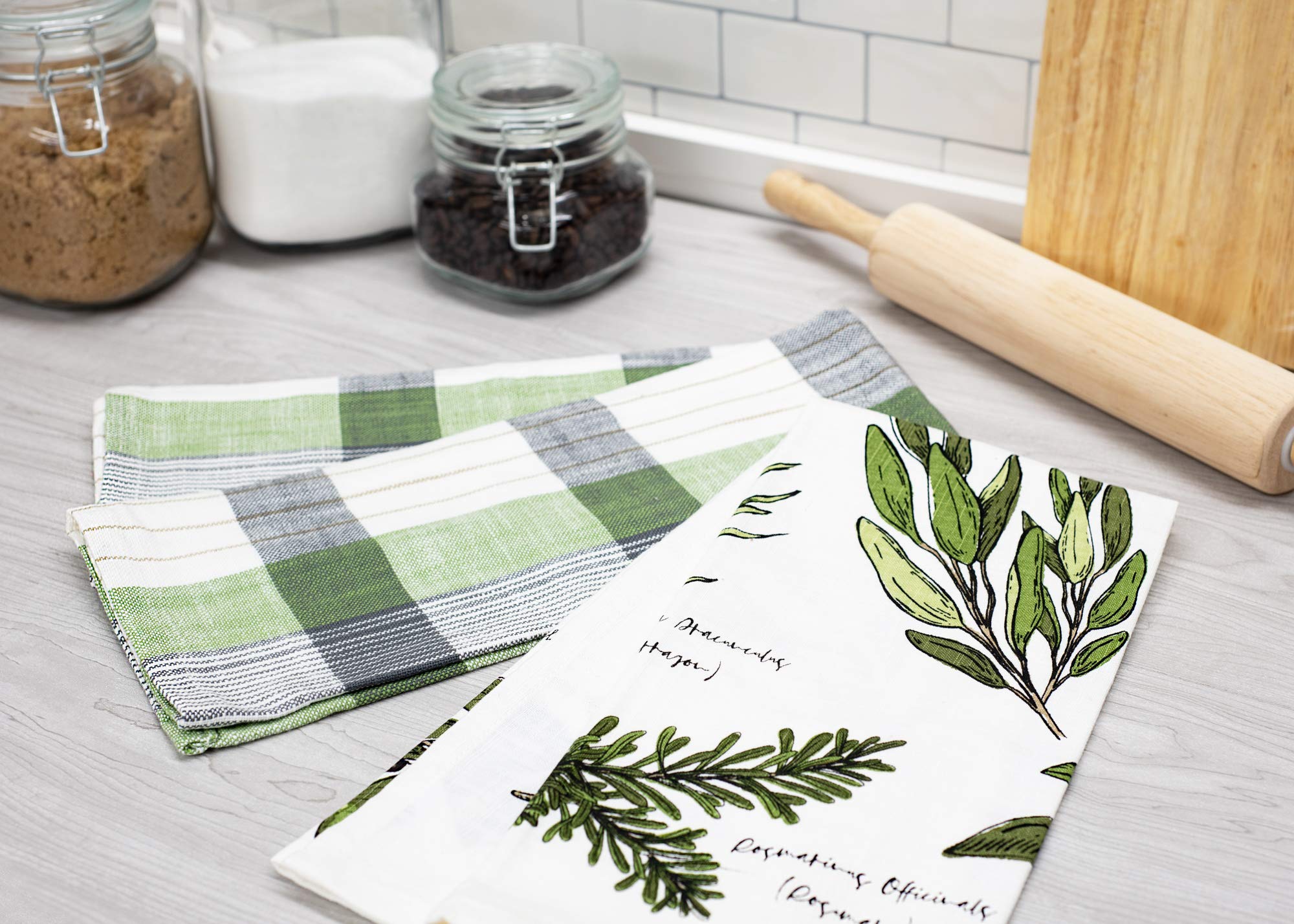 Design Imports Moss Green Plaid Herb 28 x 18 Cotton Decorative Hanging Dishtowel Set 2