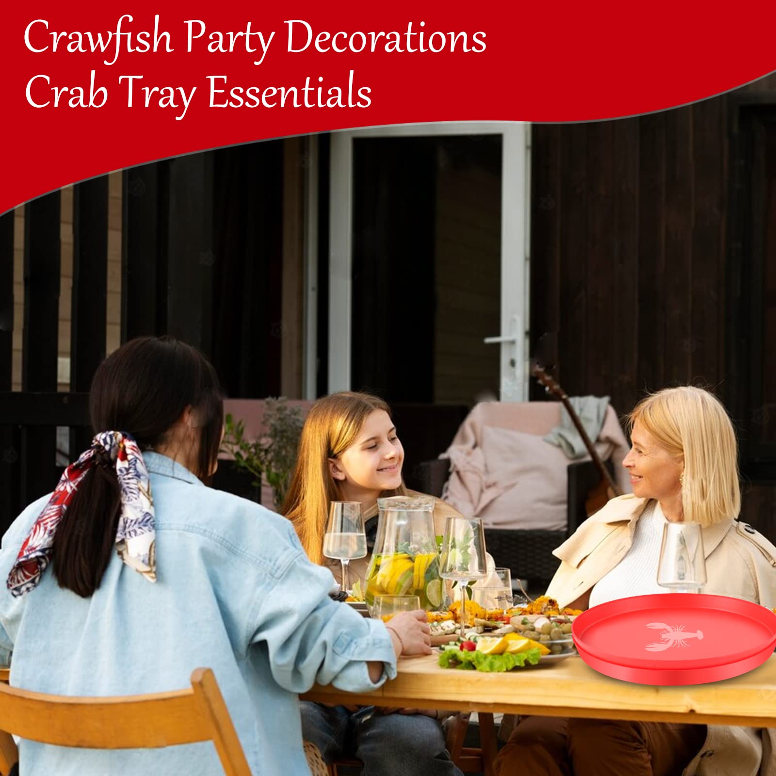 DOSTATNI 3pcs 14 Inch Plastic Crawfish Trays, Red, Round, Modern, Reusable, for Seafood, Decorations, Party, Camping, Picnics