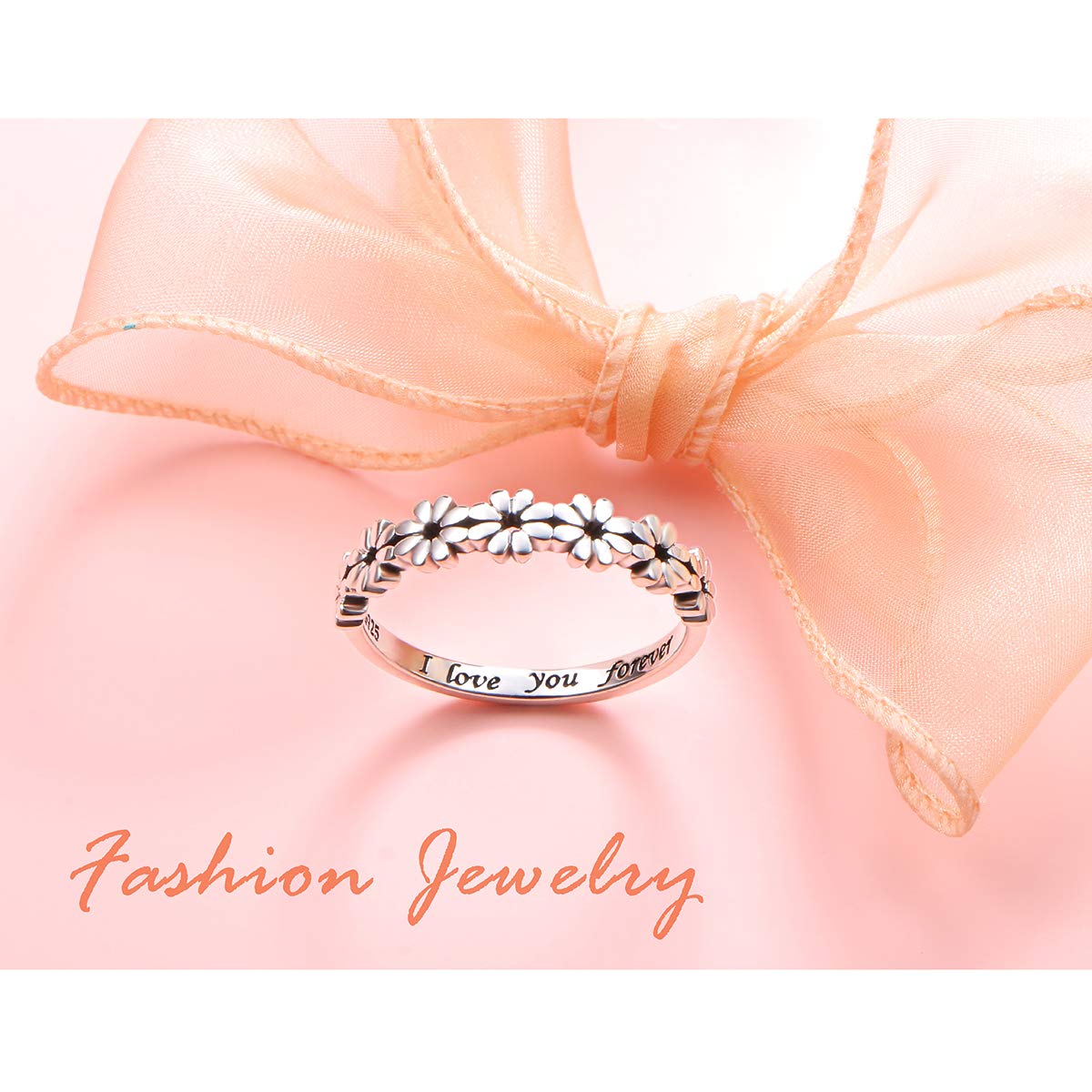 DAOCHONG 925 Sterling Silver Ring Daisy Flower Hawaiian I Love You Forever Tarnish Resistant Comfort Fit Wedding Band Ring 10
