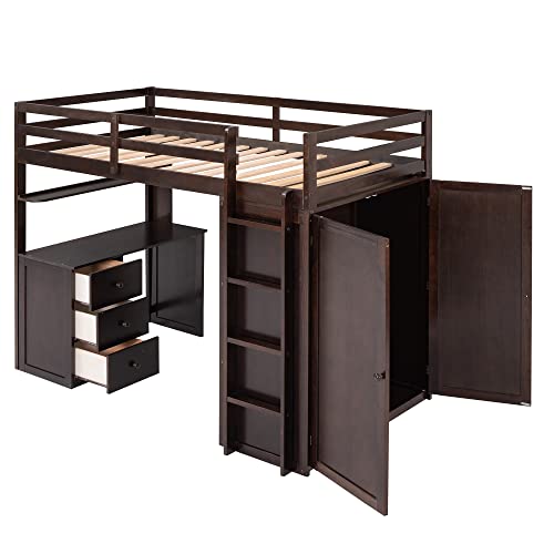 Harper & Bright Designs Twin Size Loft Bed with Desk and Wardrobe, Wood Loft Bed Frame with Storage Drawers and Full-Length Guardrails, High Loft Bed for Kids Teens Boys and Girls (Espresso)