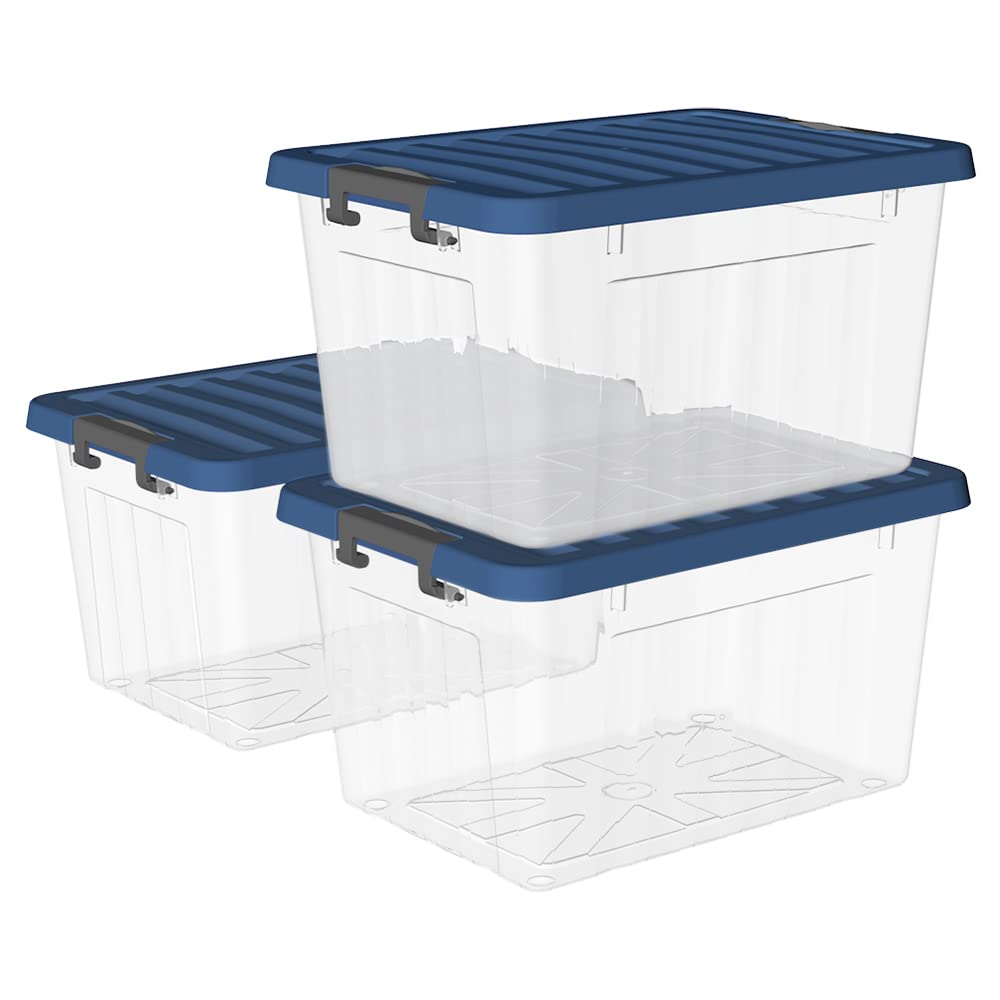 Cetomo 80L*3 Plastic Storage Box,Transparent, Tote box,Organizing Container with Durable blue Lid and Secure Latching Buckles, Stackable and Nestable, 3Pack, with Buckle