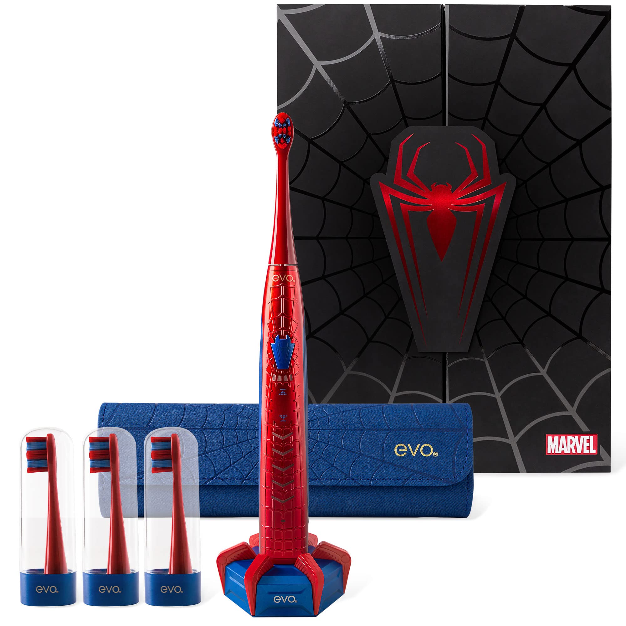 evo SPM-1 Rechargeable Sonic Toothbrush, Marvel Spider-Man, Marvel Comics, Marvel Gifts for Men, Mens Gift Set, Electric Toothbrush with 4 Toothbrush Heads & Charger Included