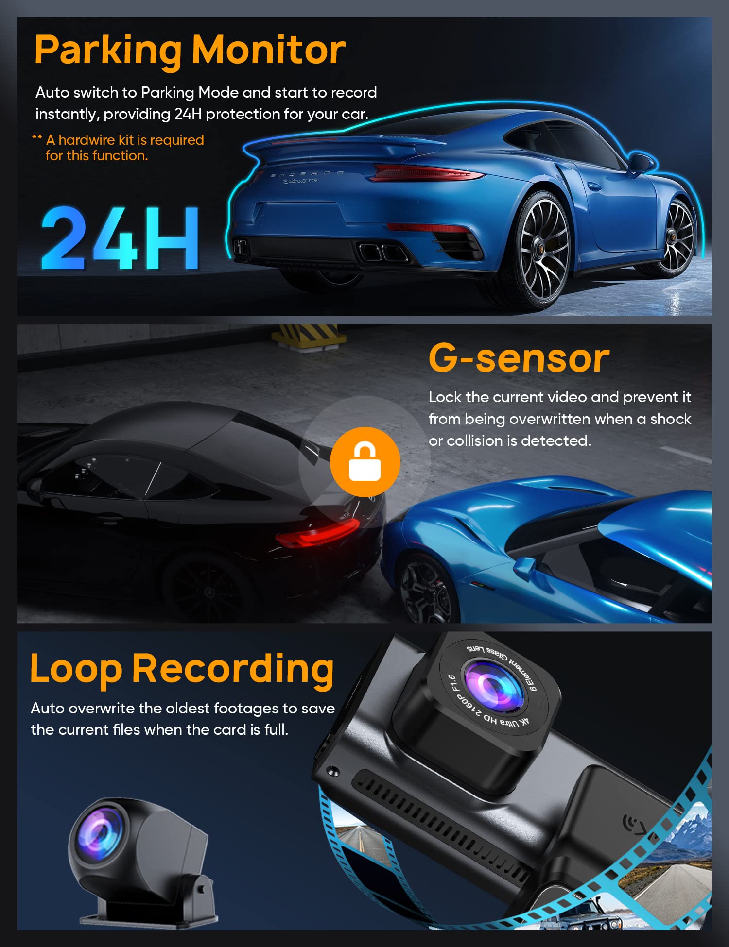Dash Cam Front and Rear 4K+1080P WiFi Dash Camera for Cars with App, 24 Hours Parking Mode, G-Sensor, Loop Recording, Support 256GB Max