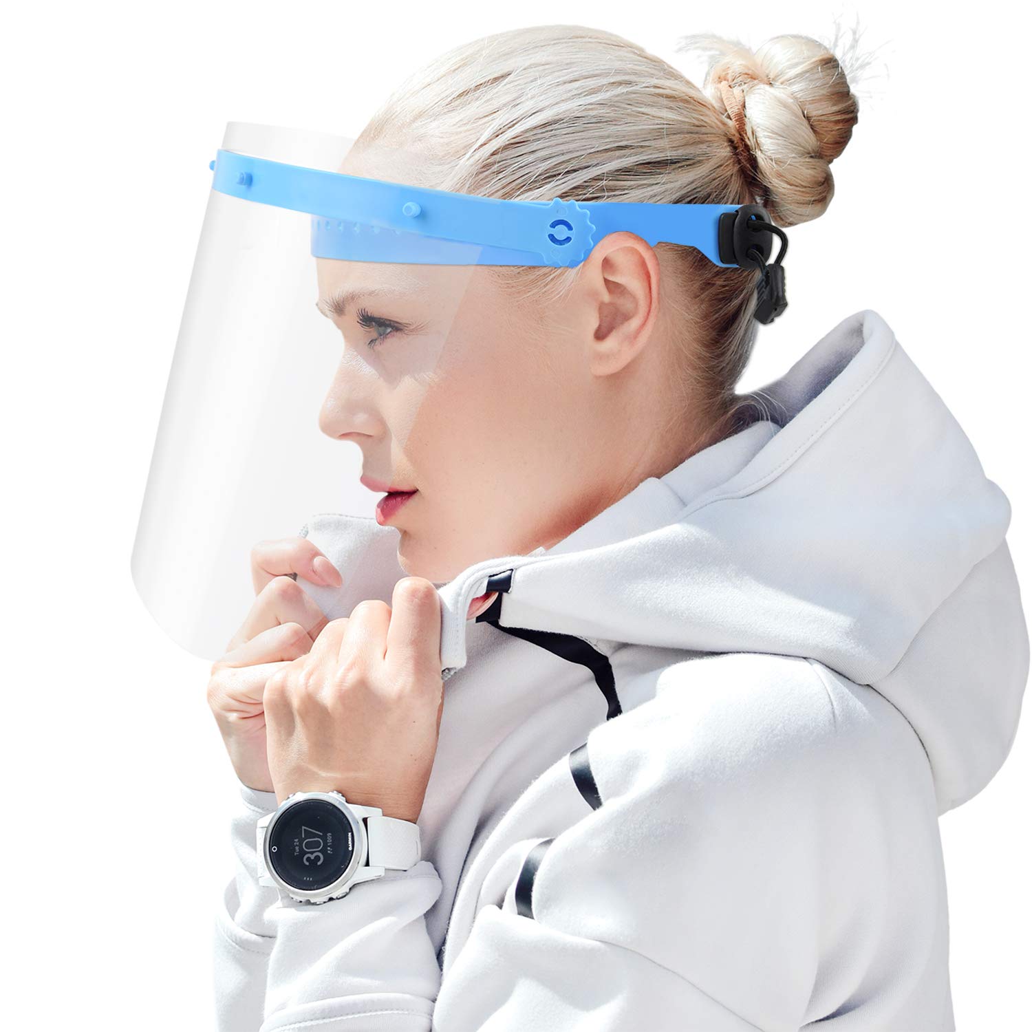 DISEN 20pcs Adjustable Safety Face Shield, plexiglass Protective Face mask, Anti-Fog Full Face Breathable & Detachable Visor with Clear Protective Film (2 Frame+20 Films)