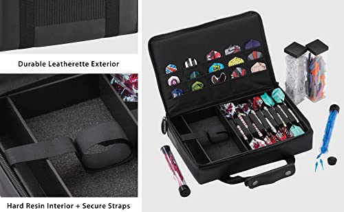 Casemaster The Pro Leatherette Dart Case with Leather-Like Exterior Covering, Holds 9 Steel Tip or Soft Tip Darts with 15 Built-in Pockets for Accessories and Plastic Tubes and Containers for Even More