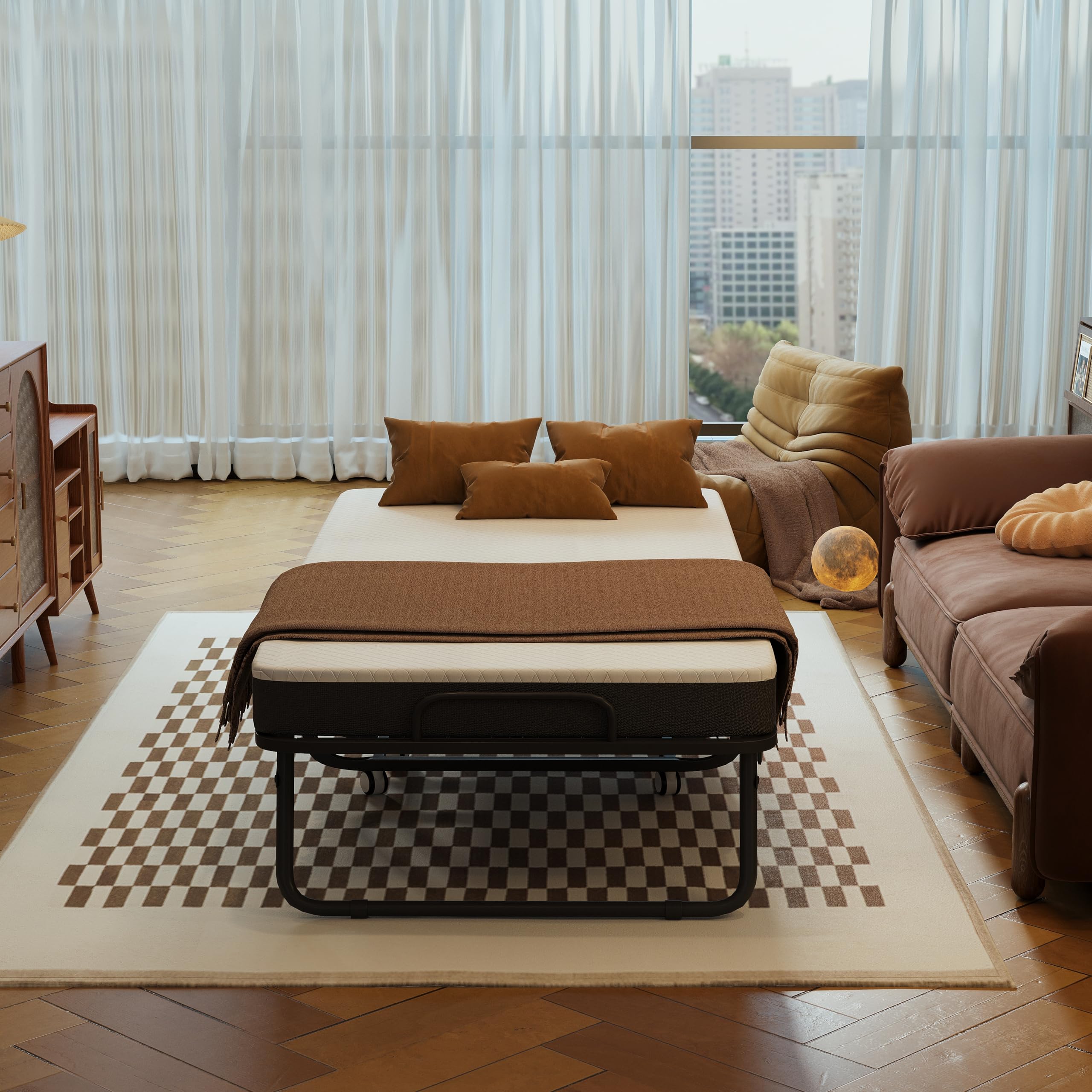 Folding Bed with Mattress, Portable Foldable Bed with Premium 5 Inch Memory Foam Mattress, Rollaway Bed Day Bed for Adults with Storage Cover and Metal Frame, Cot Size Extra Guest Bed (75" x 31")