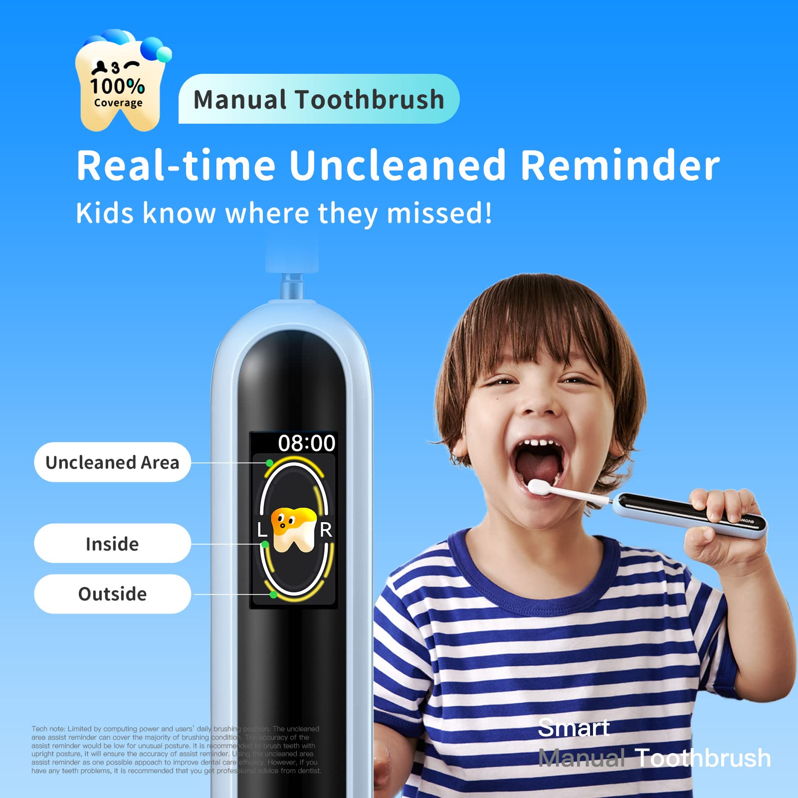 evowera Smart Manual Toothbrush for Kids, Uncleaned Area & Pressure Reminder, Coaching App, Color Display, WiFi Compatible, Soft Bristle, Timer, Message Function, BPA Free, Age 6-9, Blue Toothbrushes