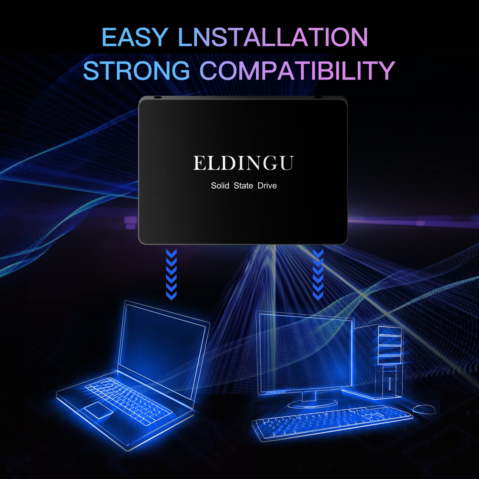 Eldingu SSD 256GB 2.5″ SATA III 6Gb/s 3D NAND Internal Solid State Drive with Sata Cable Up to 520Mb/s for Laptop and Pc H660 (Black 256gb)