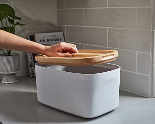 Sonder Los Angeles, Modern Bamboo Fiber (White) Bread Box for Kitchen Countertop with Reversible Wood Serving Lid, Homemade Bread Storage 14.25 x 9.25 x 7in, Storage Bin and Bread Container