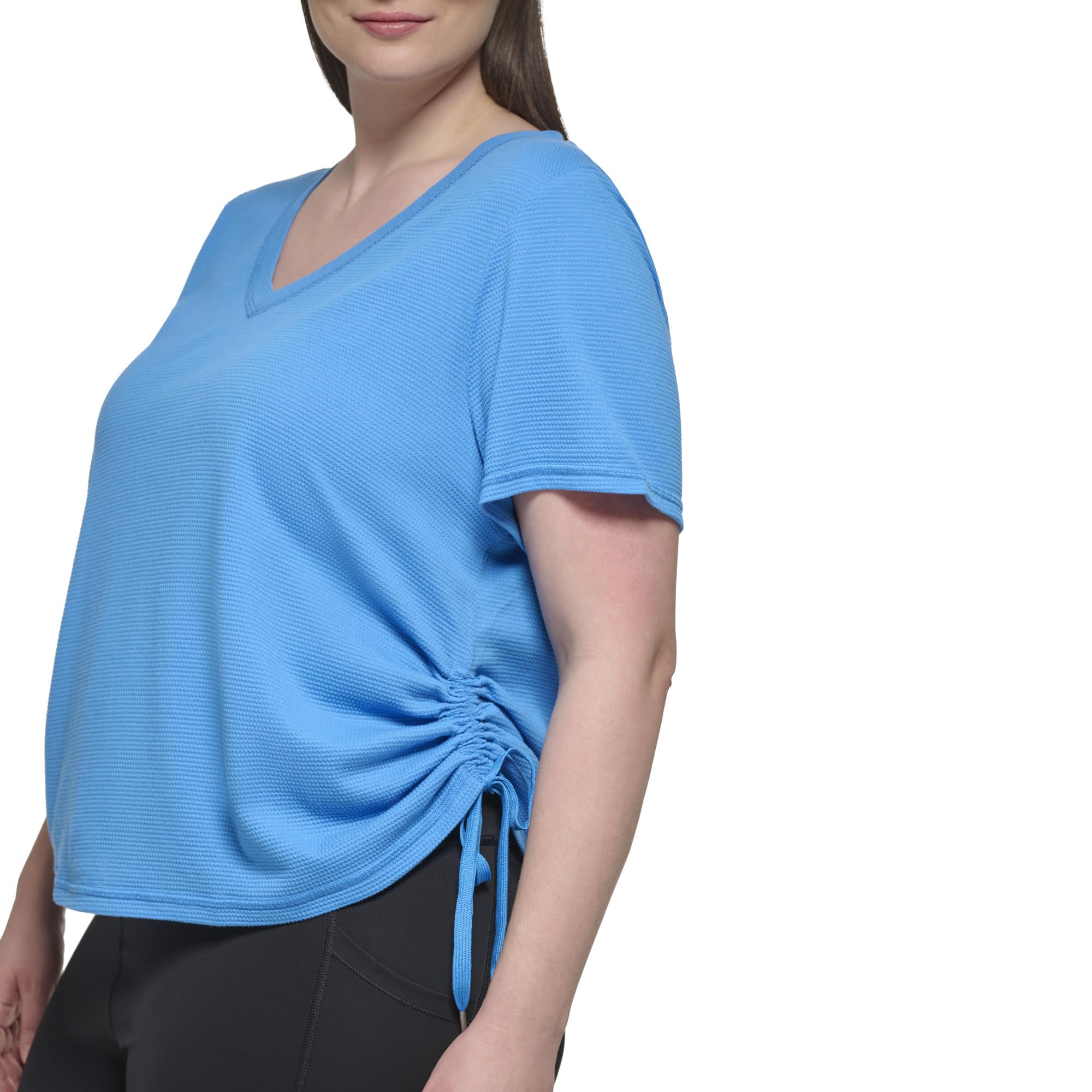 Calvin Klein Performance Women Plus Size Active Textured Pique Mesh Adjustable Side Ruching Top, Juniper, 3X