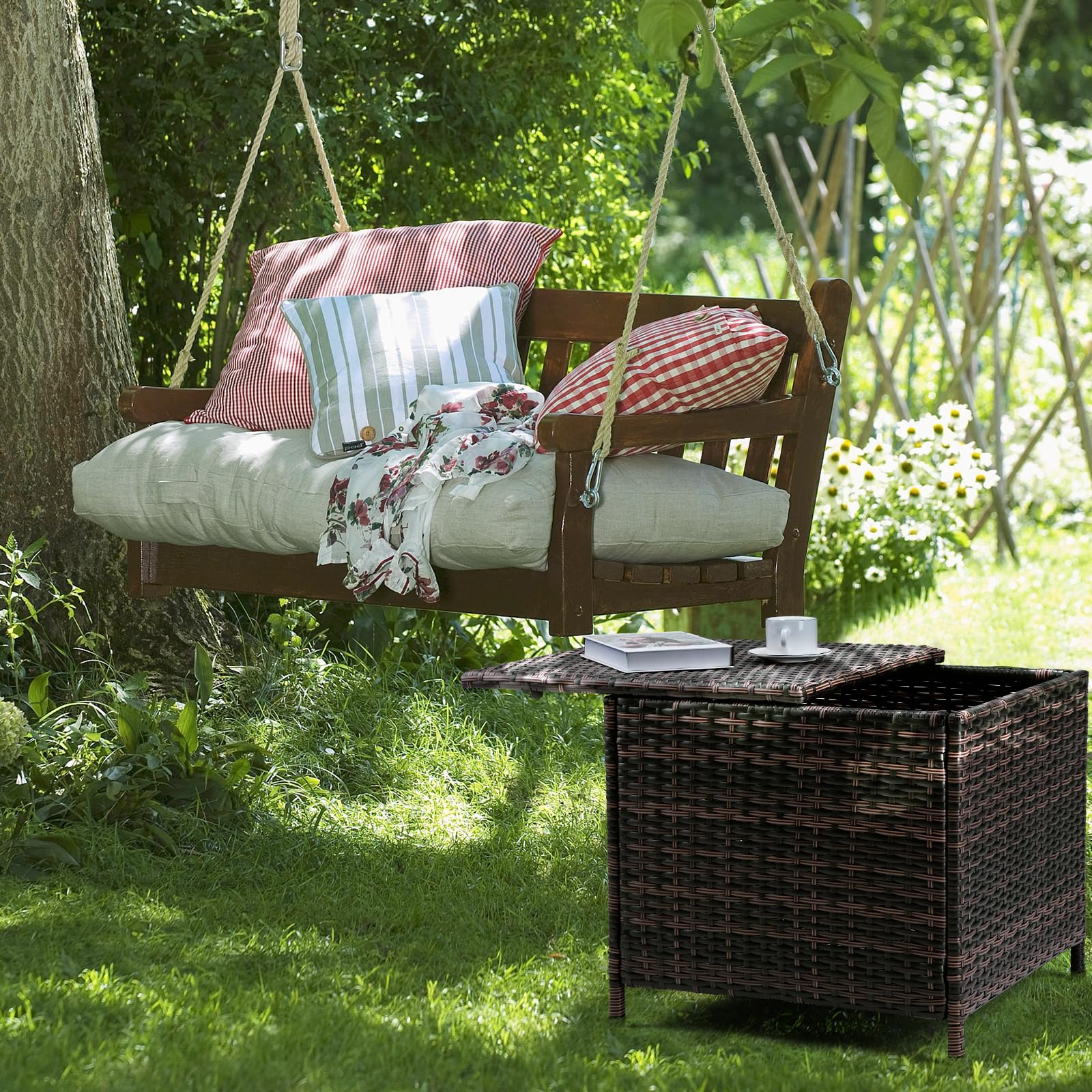 VINGLI Outdoor Side Table with Storage, 13-Gallon Storage Box Outdoor Wicker Side Table for Patio Storage Table (Trapezoidal), Middle, Brown
