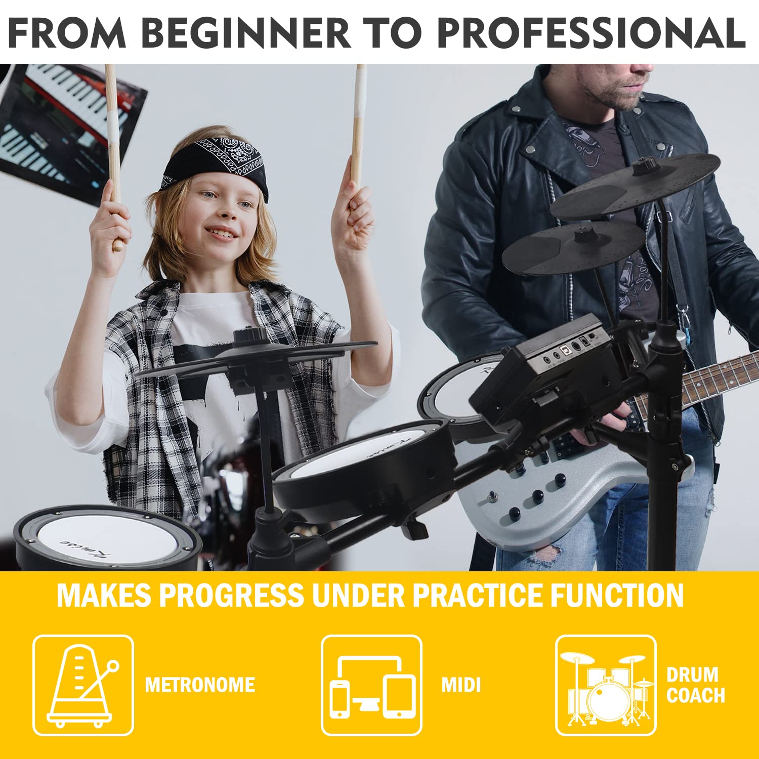 Electric Drum Set-Kmise Professional 7-Piece Electronic Drum Set for Beginner Kids with USB MIDI Function,Mesh Drum Pads,Drumsticks,Headphone (162 Sounds+4 Drums+3 Cymbals)